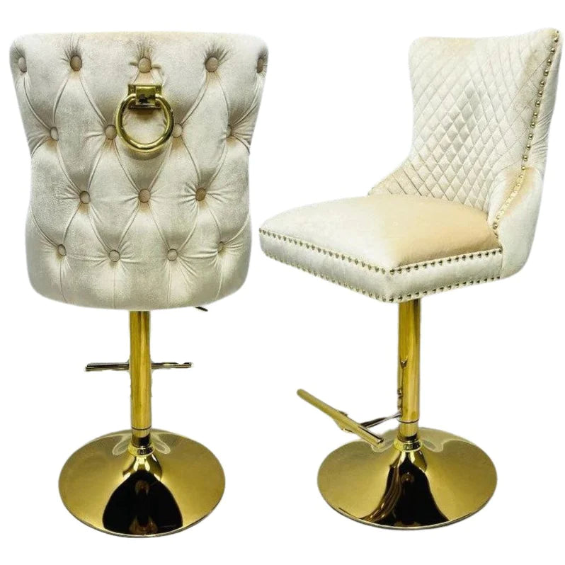 Valentino Cream Gold Ring Knocker Quilted Back Plush Velvet Gold Bar Stool