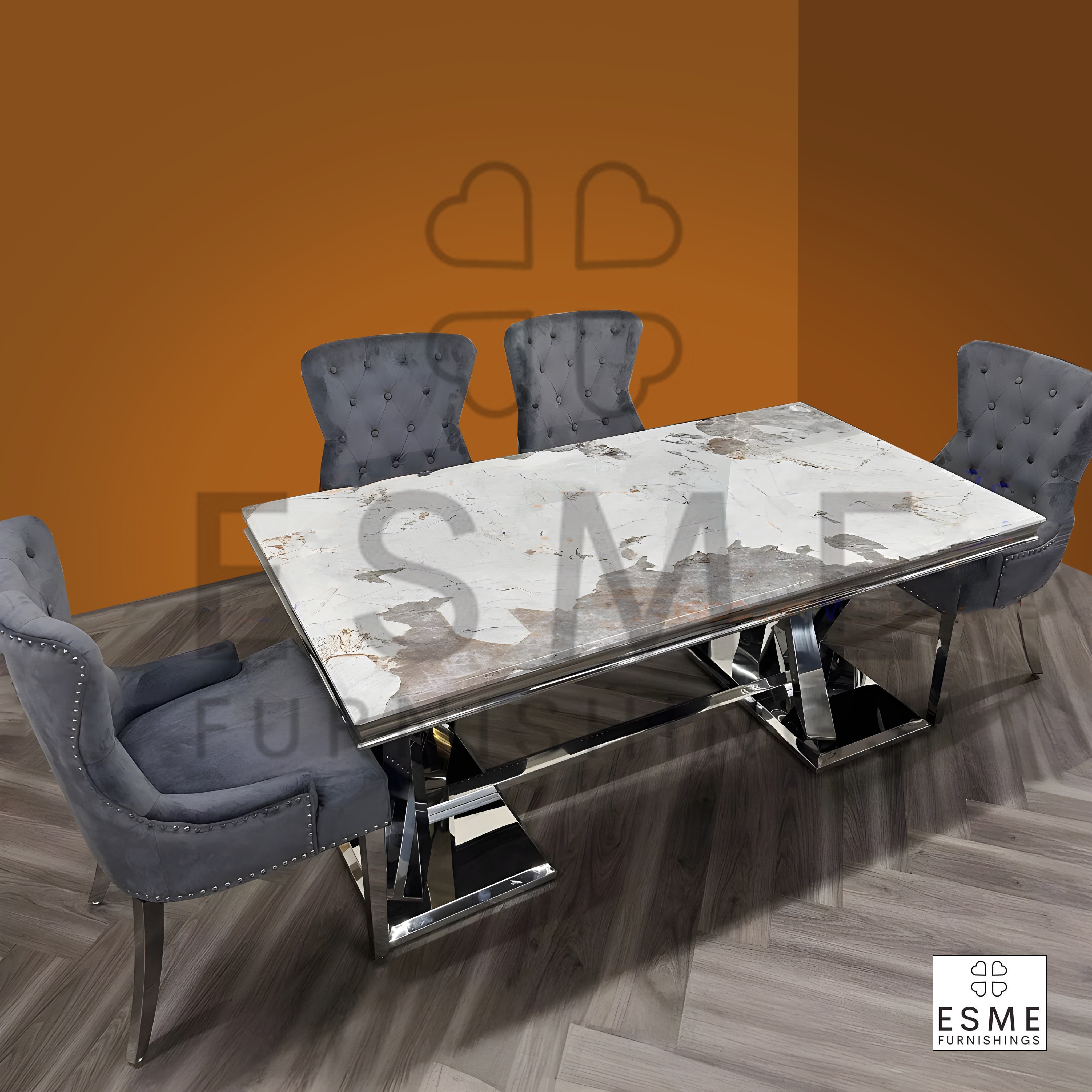 Xavia 180cm Marble & Chrome Dining Table With Chrome Ring Knocker Velv ...