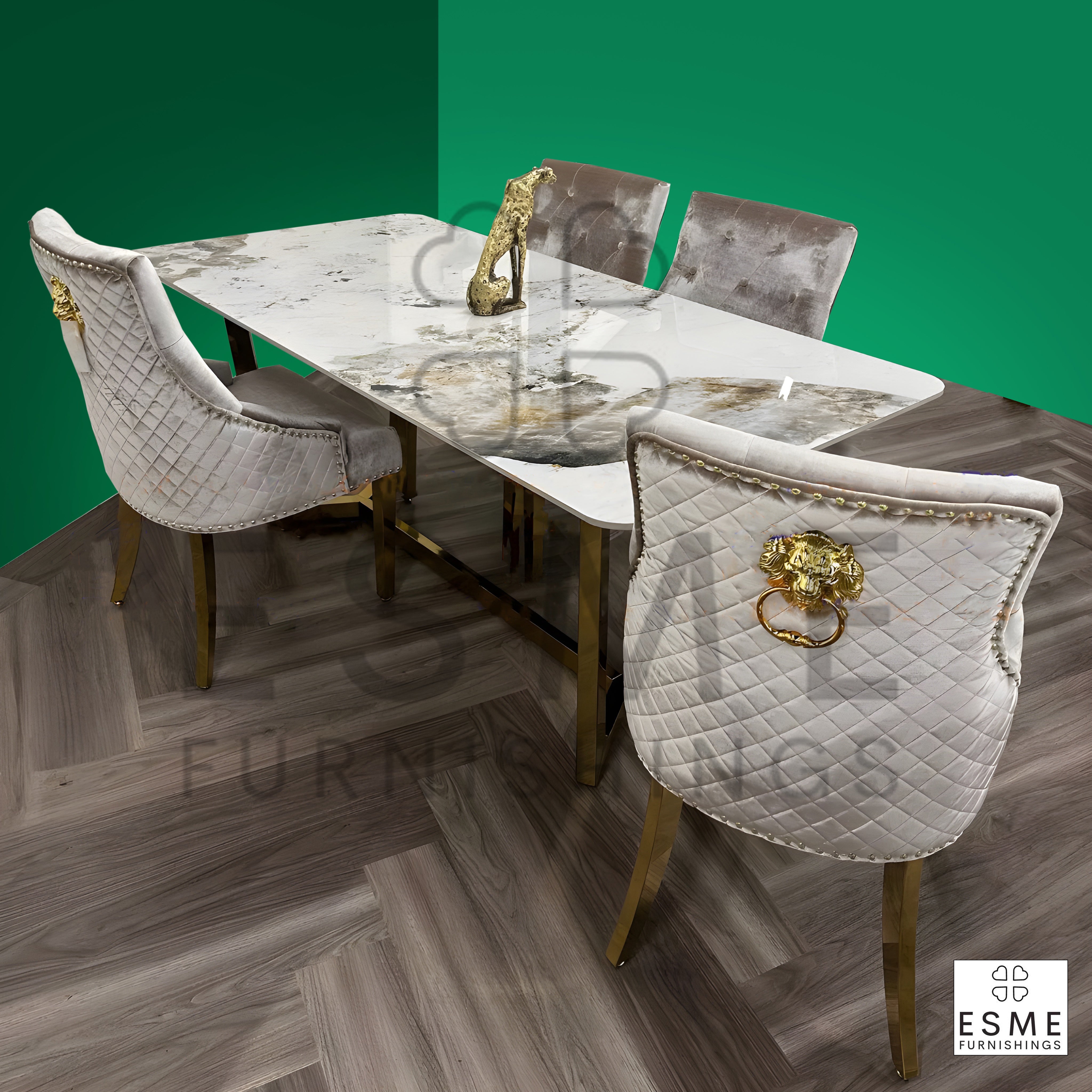 Lucien 180cm Pandora Gold Marble Dining Table With Gold Lion Knocker D ...