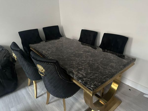 Arianna 180CM Gold Marble Dining Table + Gold Lion Knocker Dining Chai ...