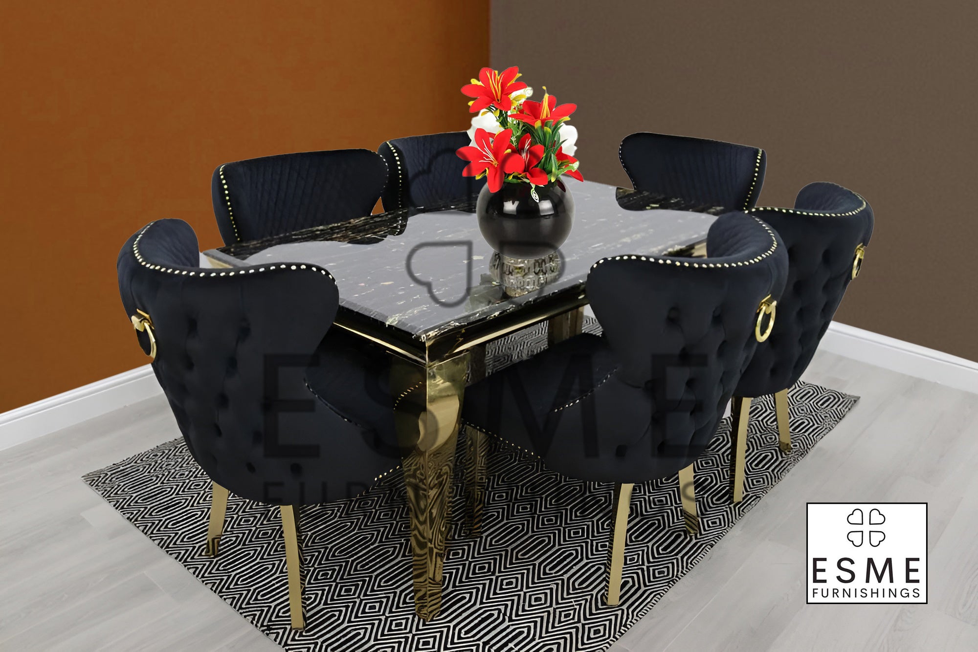 Louis Gold Black Marble Dining Table With Valentino Gold Ring Knocker ...