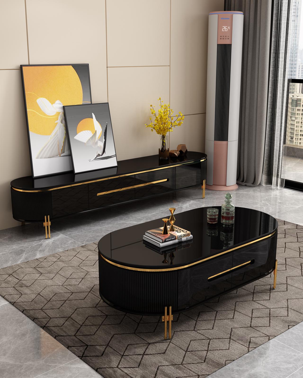 Cleo Black & Gold Premium Ribbed 200cm TV Unit – Esme Furnishings