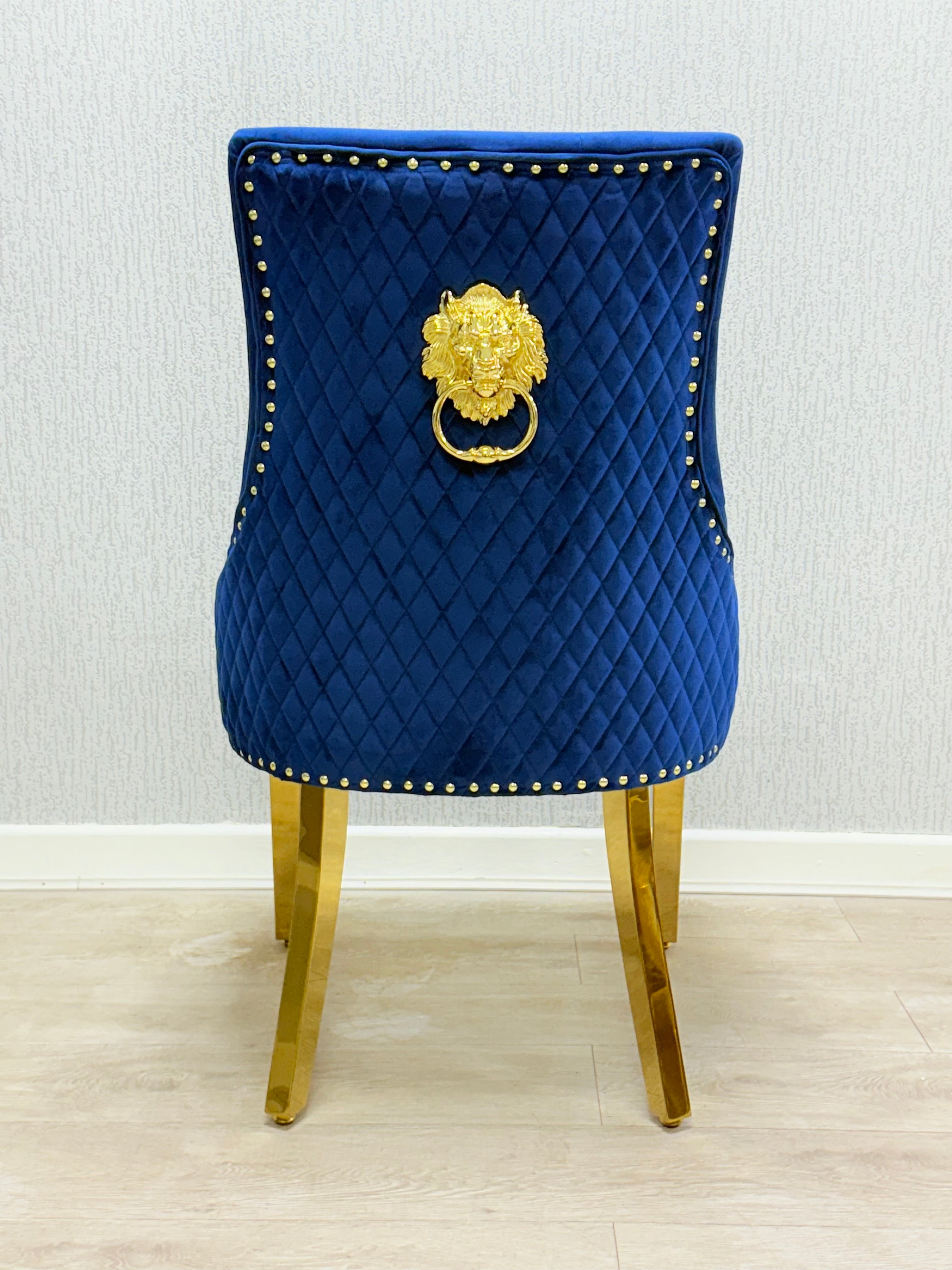 Majestic Blue Gold Lion Knocker Quilted Tufted Plush Velvet Dining Cha ...