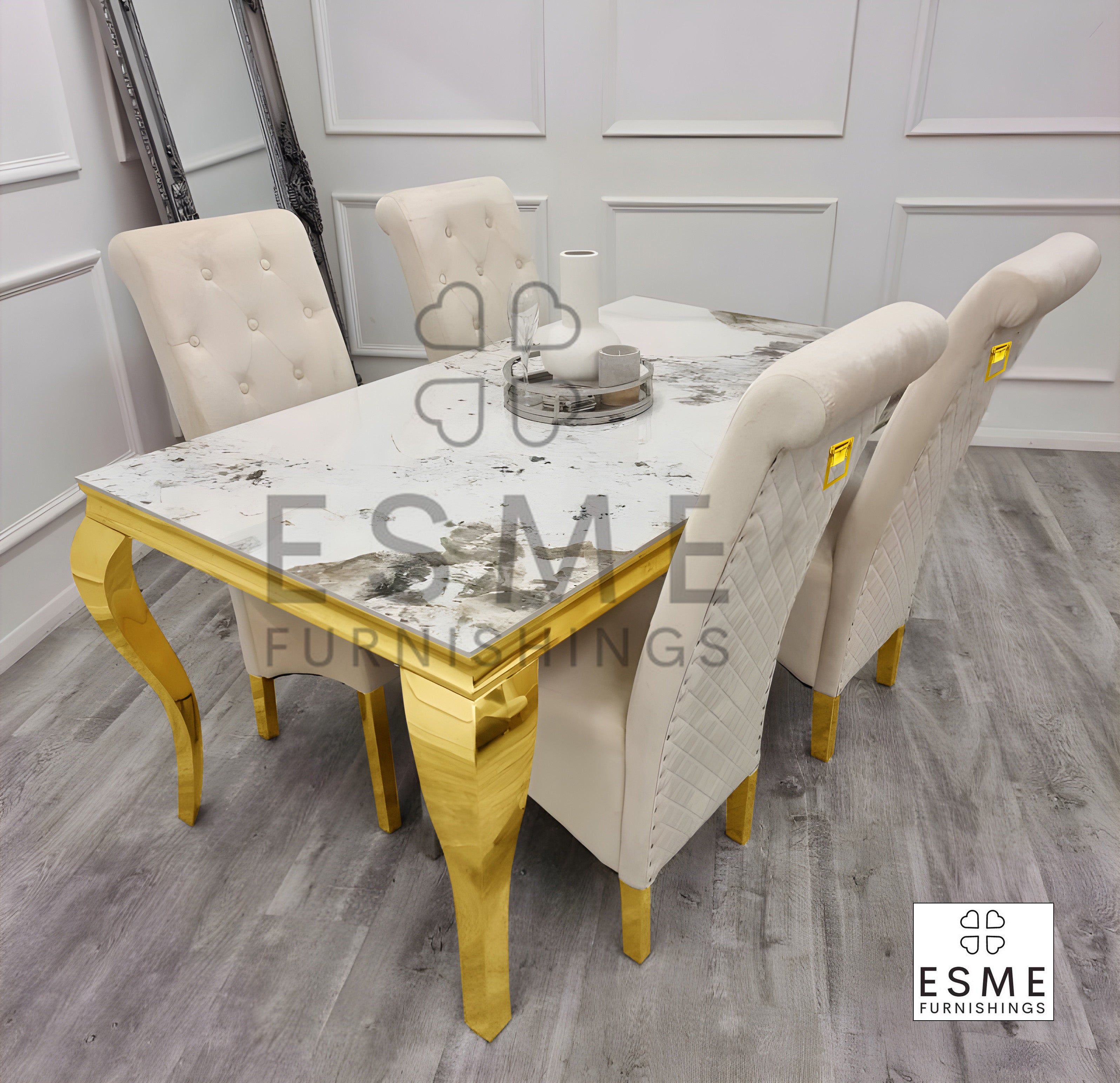 Louis Pandora Gold Marble Dining Table With Lucy Slim Quilted Gold Rin ...
