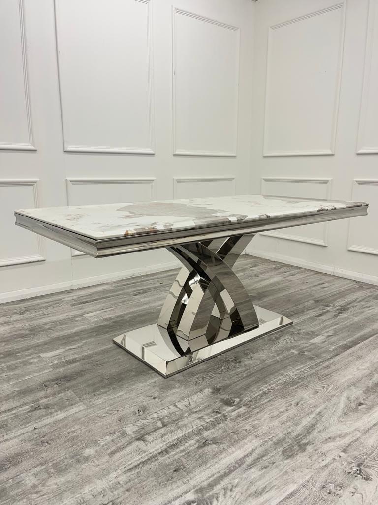 Ottavia 180cm Marble & Chrome Dining Table With Lucy Slim Quilted Lion ...