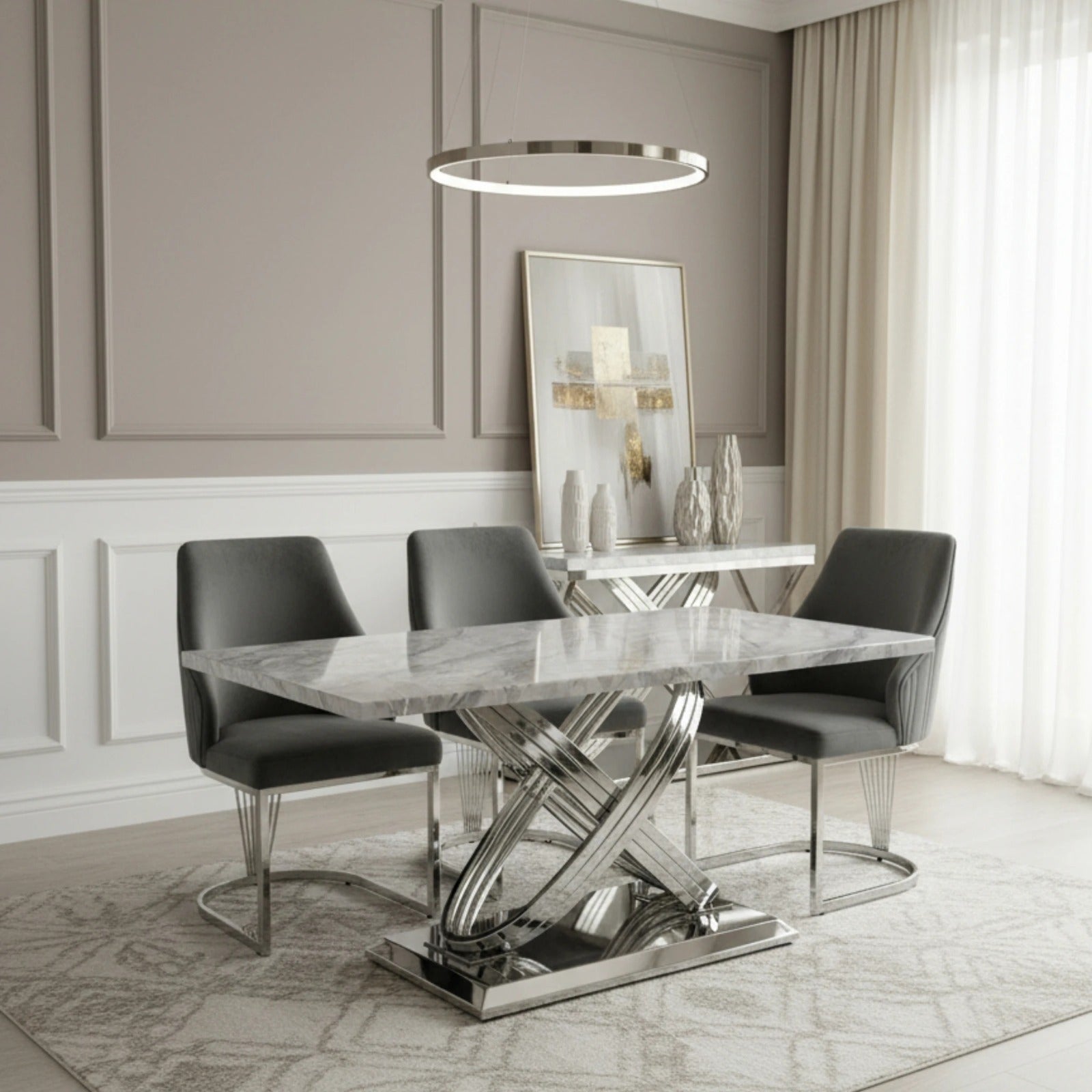 Elina 180cm Marble & Chrome Dining Table With Carlton Grey Velvet Chro ...