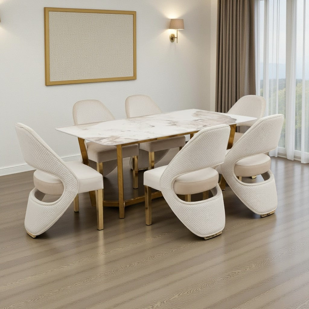 Lucien Pandora Gold Marble Dining Table With Santos Gold Dining Chairs ...