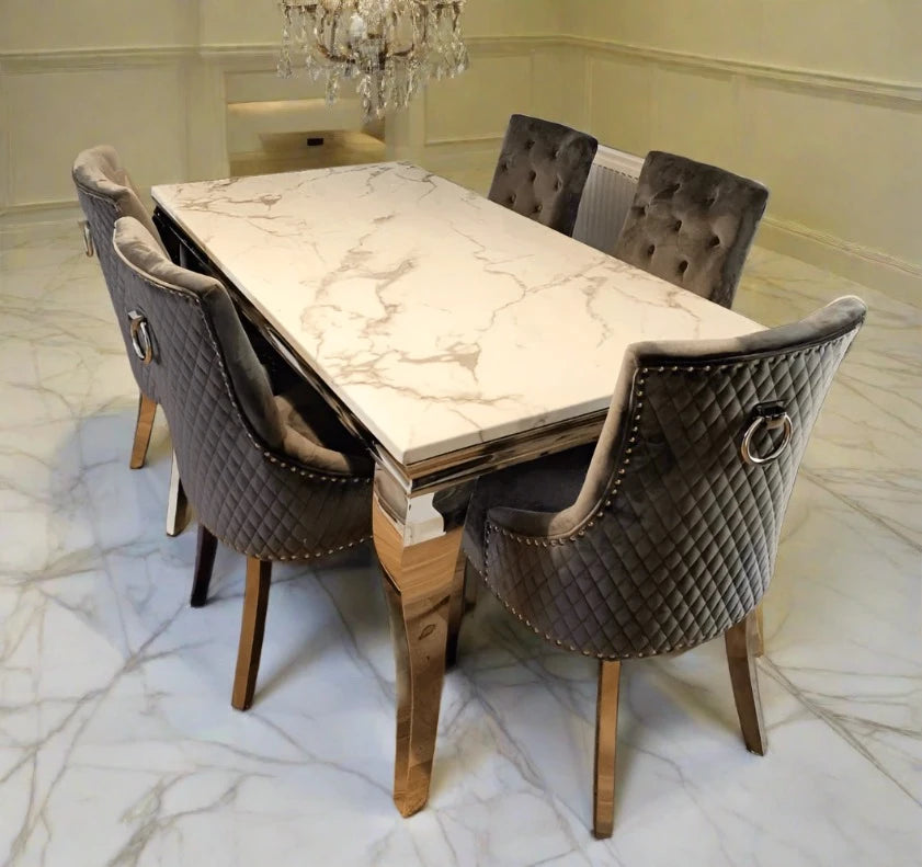 Louis Marble & Chrome Dining Table With Grey Round Quilted Ring Knocke ...