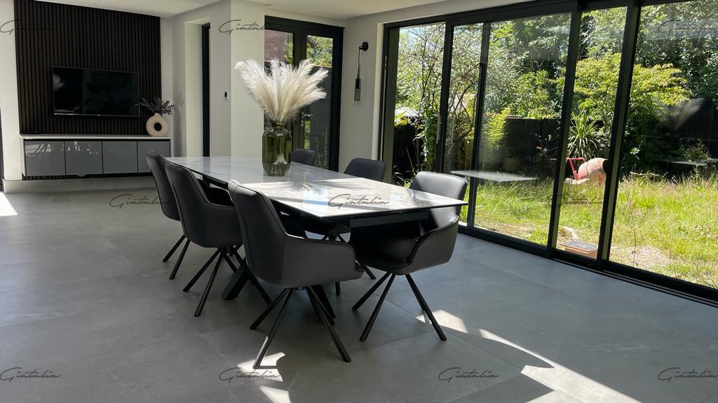 Phoenix 160-240cm White Ceramic Marble Extending Table + Grey Velvet S ...