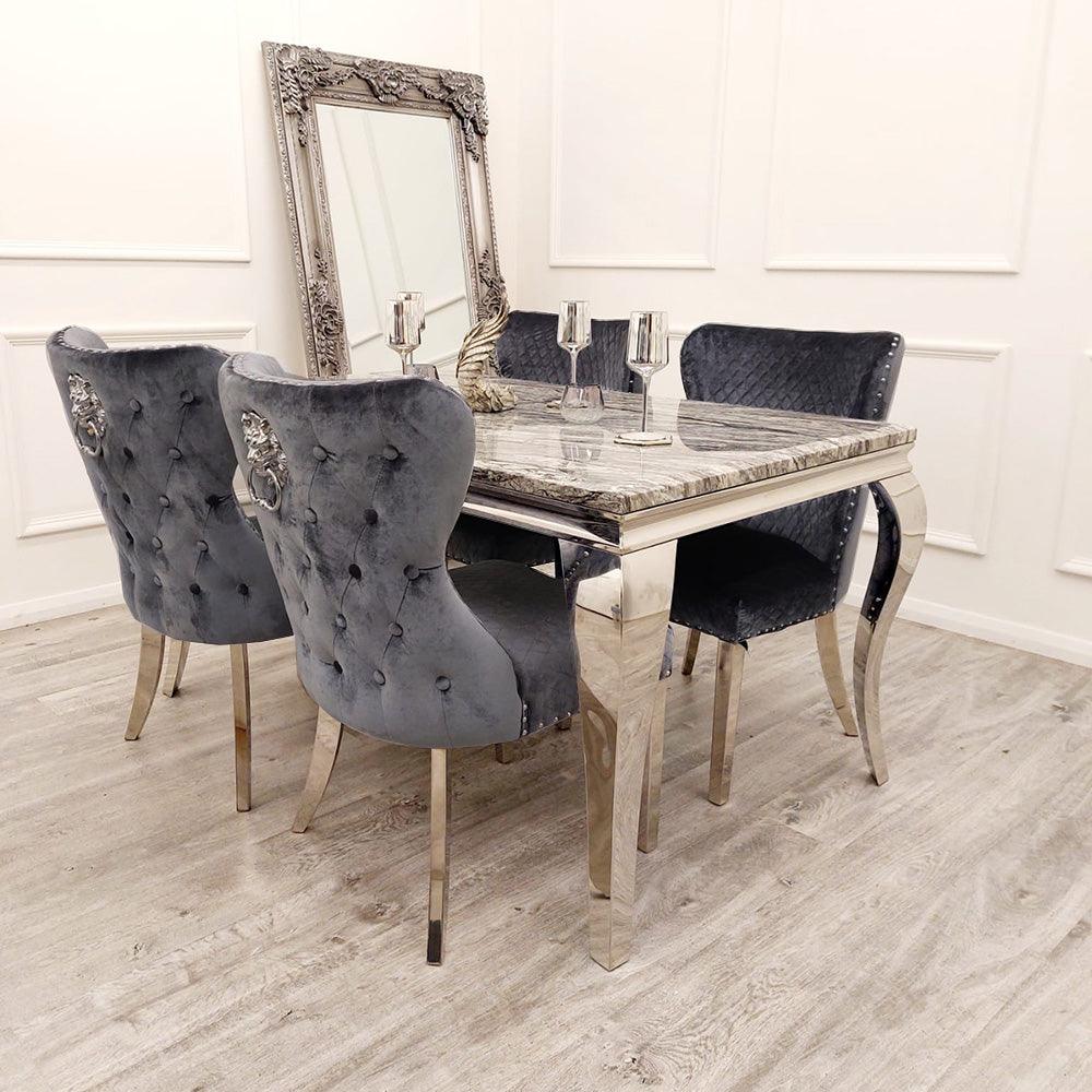 Louis 150cm Grey Marble Dining Table + Chelsea Grey Button Lion Knocke ...