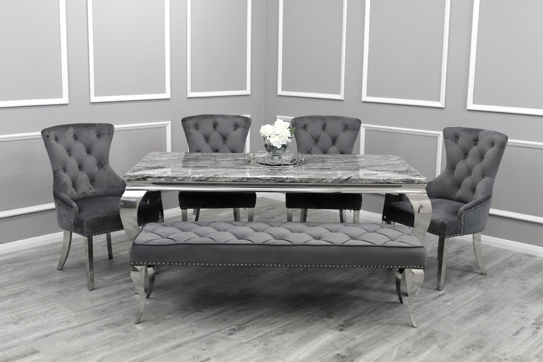 Louis Grey Marble 200CM Dining Table + Grey Lion Chairs, 180cm Bench O ...
