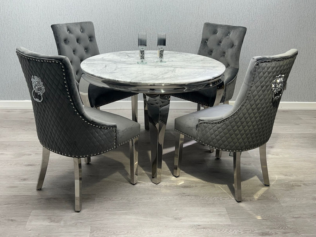 Louis Grey Round 110cm Marble Dining Table Grey Lion Knocker Velvet Esme Furnishings