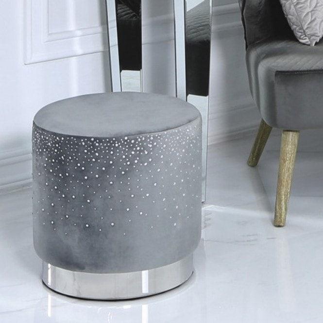 Grey Round Plush Velvet Stool With Sparkle Pattern – Esme Furnishings