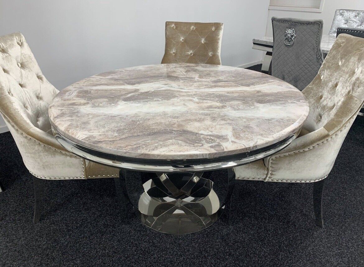 Chelsea 130cm Beige Marble Round Dining Table + Belle Champagne Dining ...